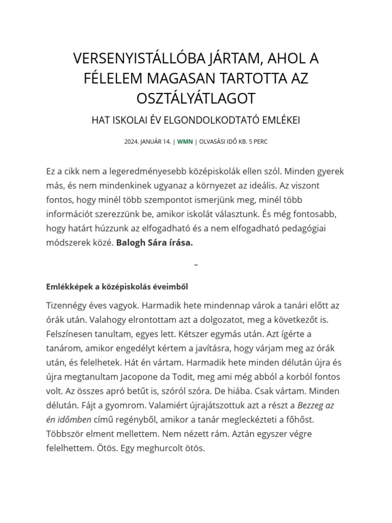 Versenyistállóba Jártam, Ahol A Félelem Magasan Tartotta Az Osztályátlagot | PDF