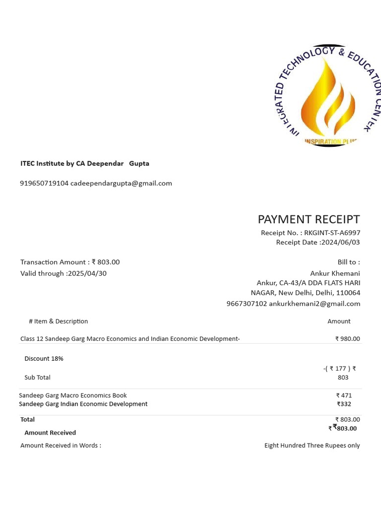 Payment Receipt: ITEC Institute by CA Deependar Gupta | PDF