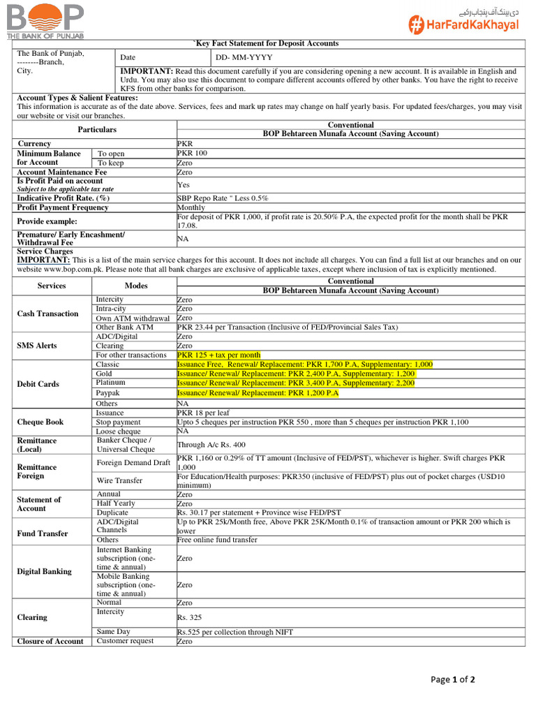 BOP Behtareen Munafa Account | PDF | Cheque | Banks
