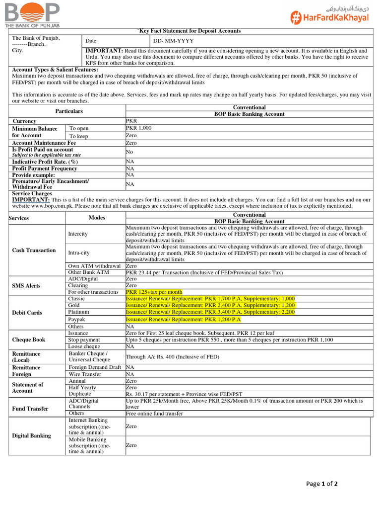 BOP Basic Banking Account Details | PDF | Cheque | Transaction Account