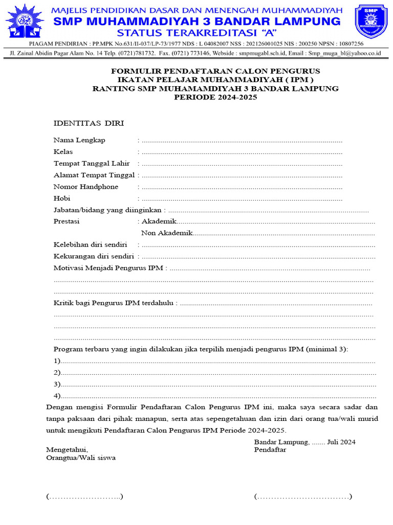 Formulir Pendaftaran Calon Pengurus Ranting Ipm | PDF