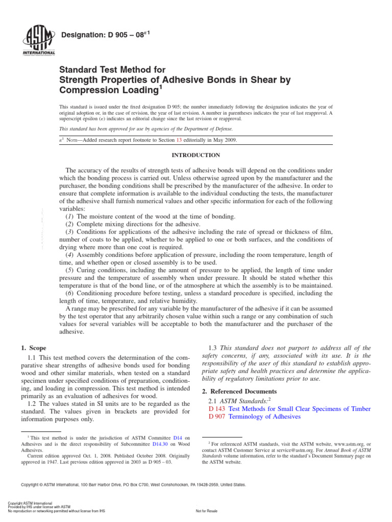 Astm D905 - 2008 (E 2009) | PDF | Adhesive | Wood
