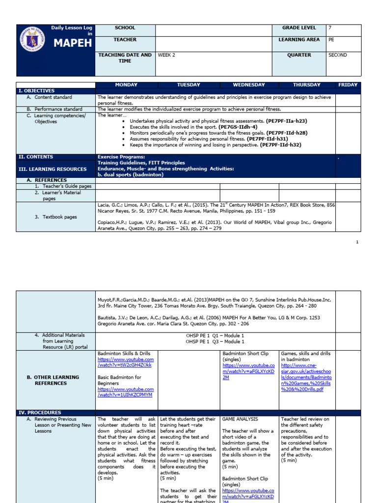 Q2 Grade 7 PE DLL Week 2 | PDF