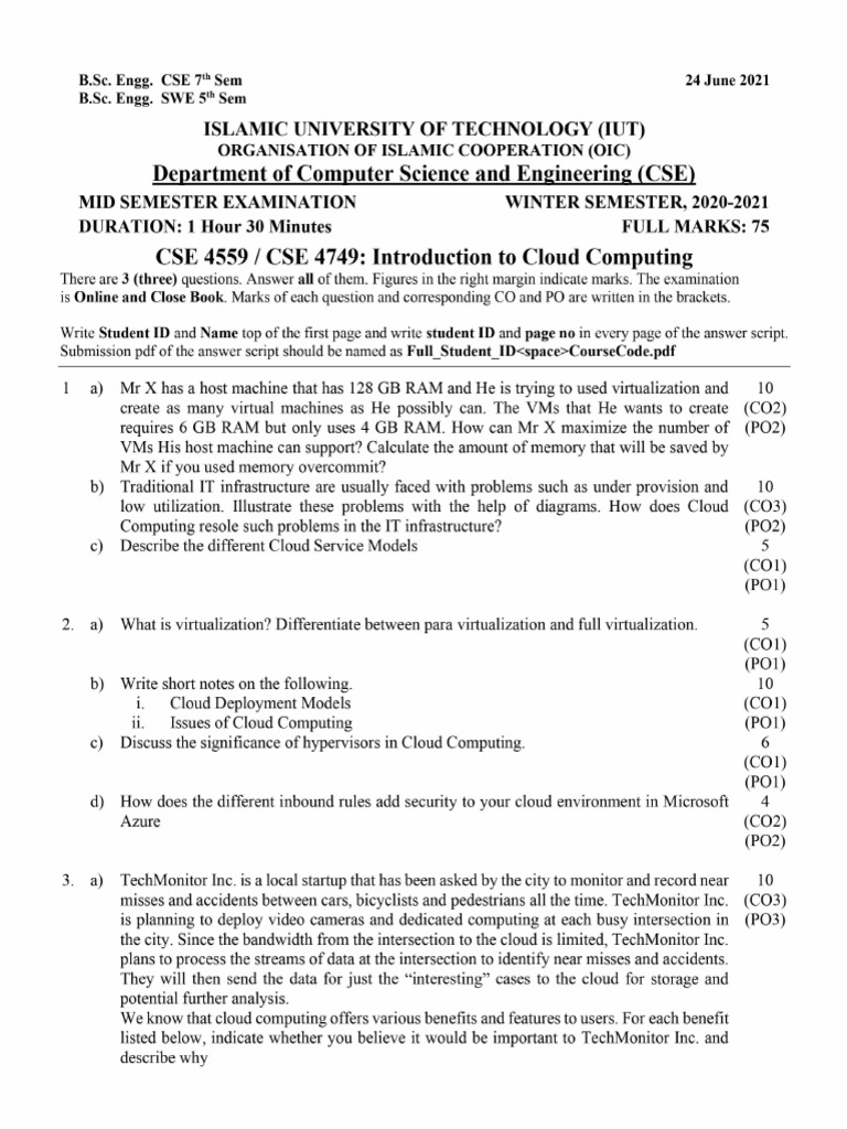 CSE 4559 CSE 4749 Introduction To Cloud Computing MID TERM 2020 2021 | PDF