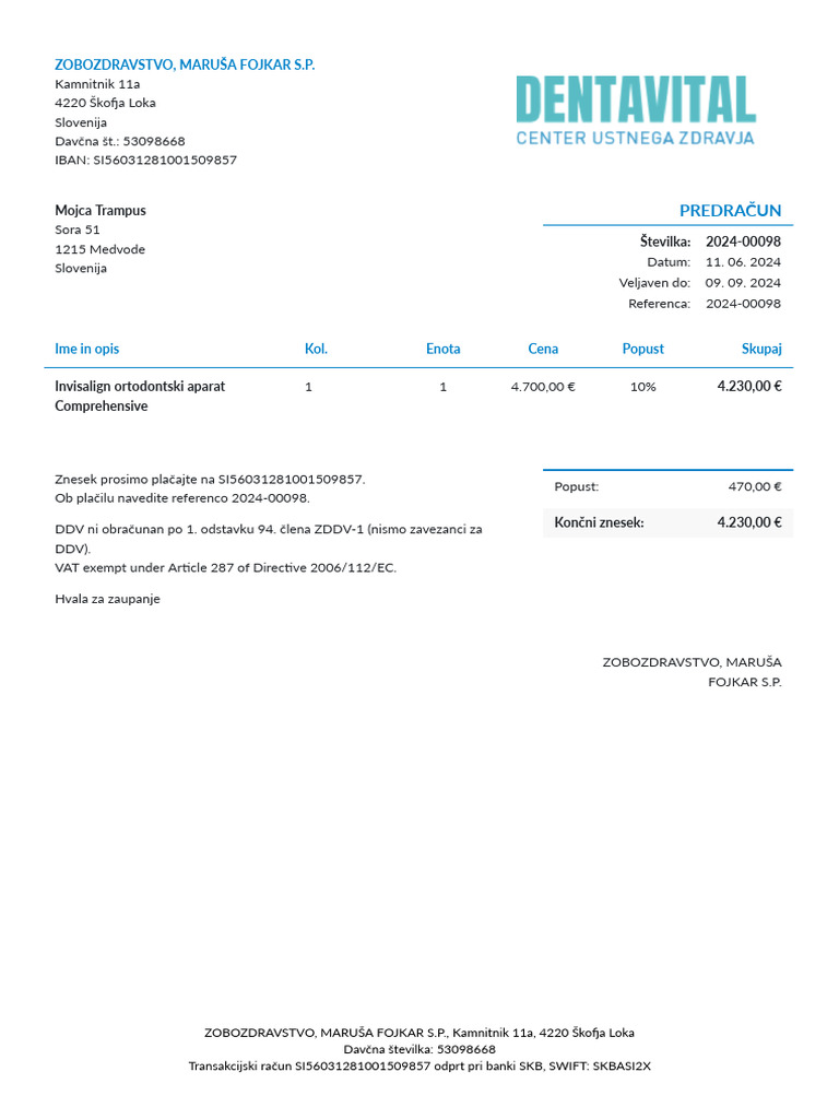 Mojca Trampus Številka: 2024-00098: Zobozdravstvo, Maruša Fojkar S.P | PDF