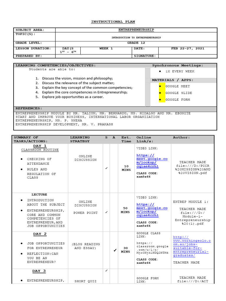 Ip Entrep Week 1 | PDF | Entrepreneurship | Teachers