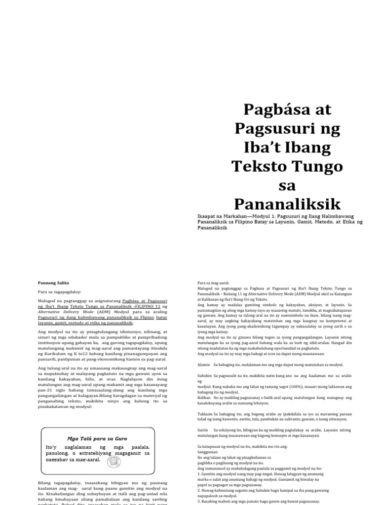 Pagbása at Pagsusuri Module Good For 2 Weeks 1 | PDF
