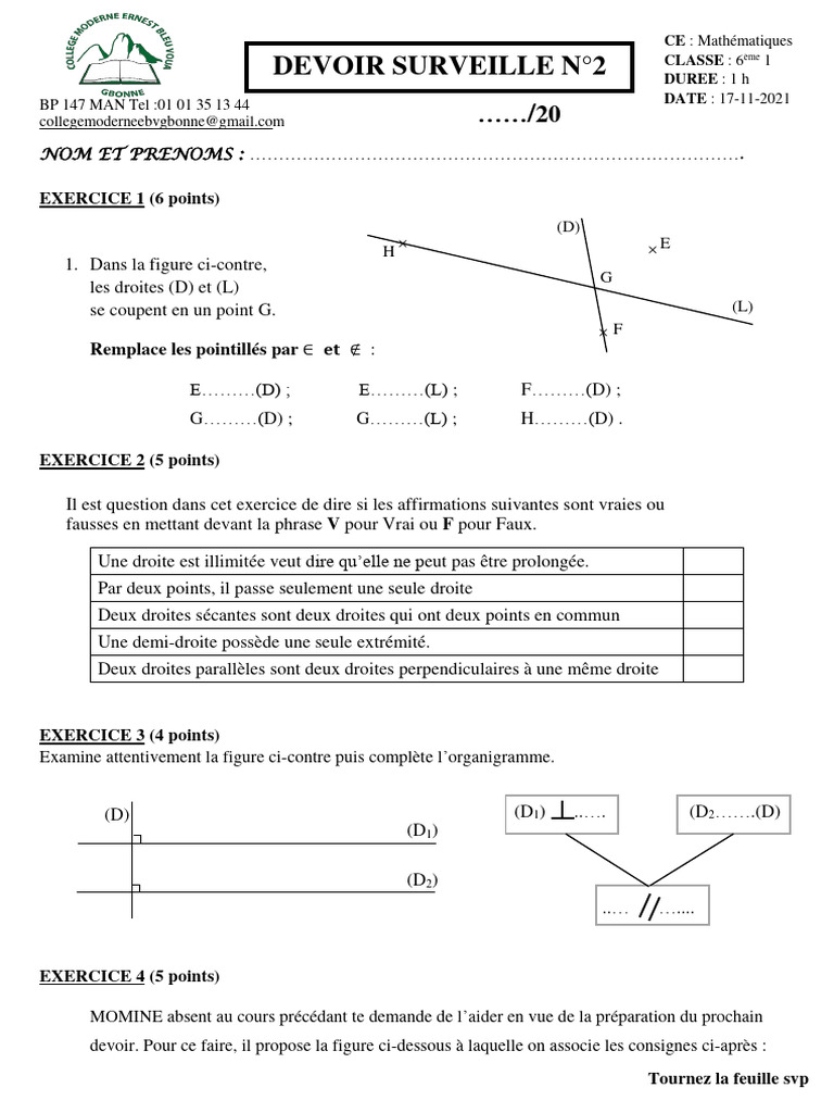 Devoir de maths 6ème : exercices et évaluation | PDF | Mathématiques