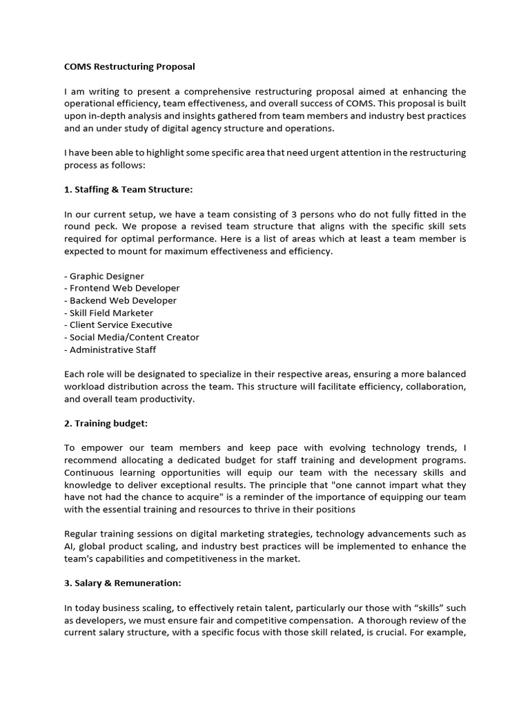 COMS Restructuring Proposal | PDF | Employee Retention | Marketing