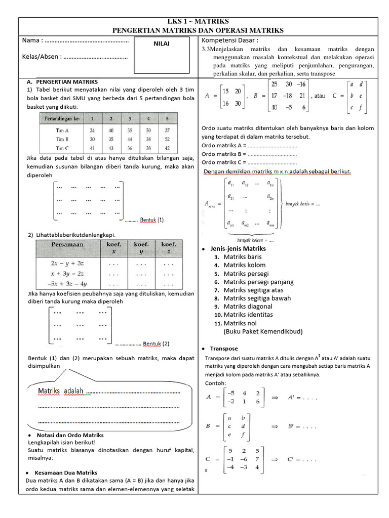 LKS 1 Pengertian Matriks Dan Operasi Matriks (1) - 1 | PDF | Metode ...