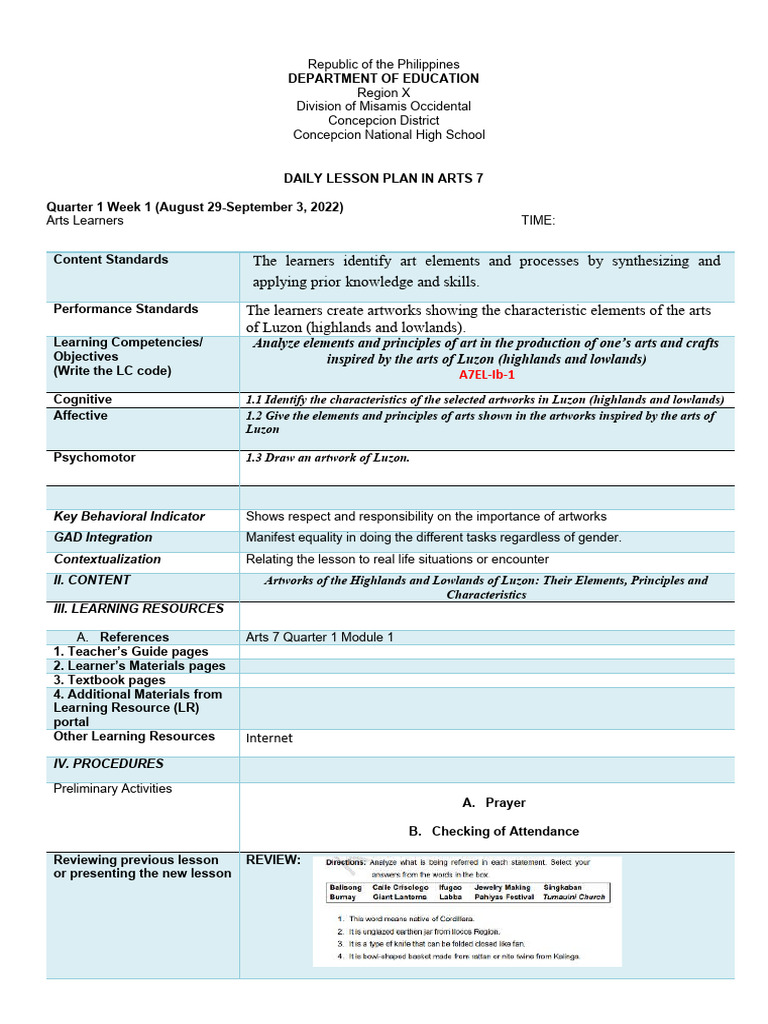 Arts 7 W1 | PDF | Learning | Behavior Modification