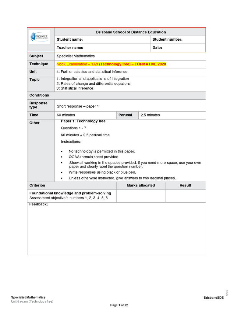 IA3 Tech Free - Formative 2020 | PDF | Integral | Mathematics