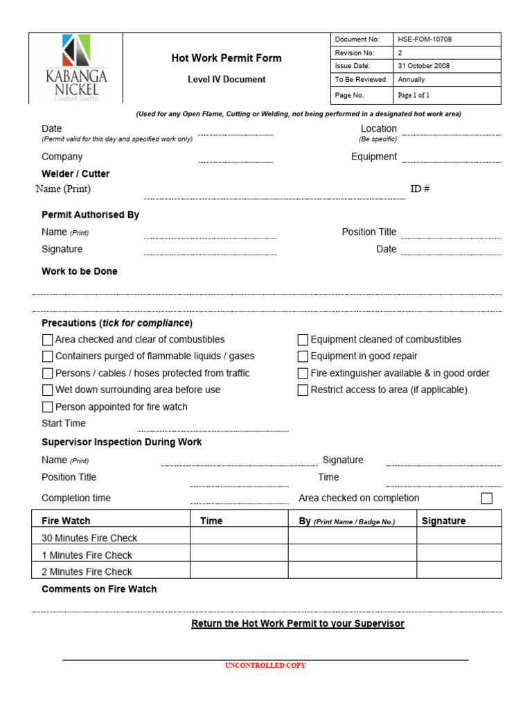 Hot Work Permit Form Template | PDF | Fires | Welding