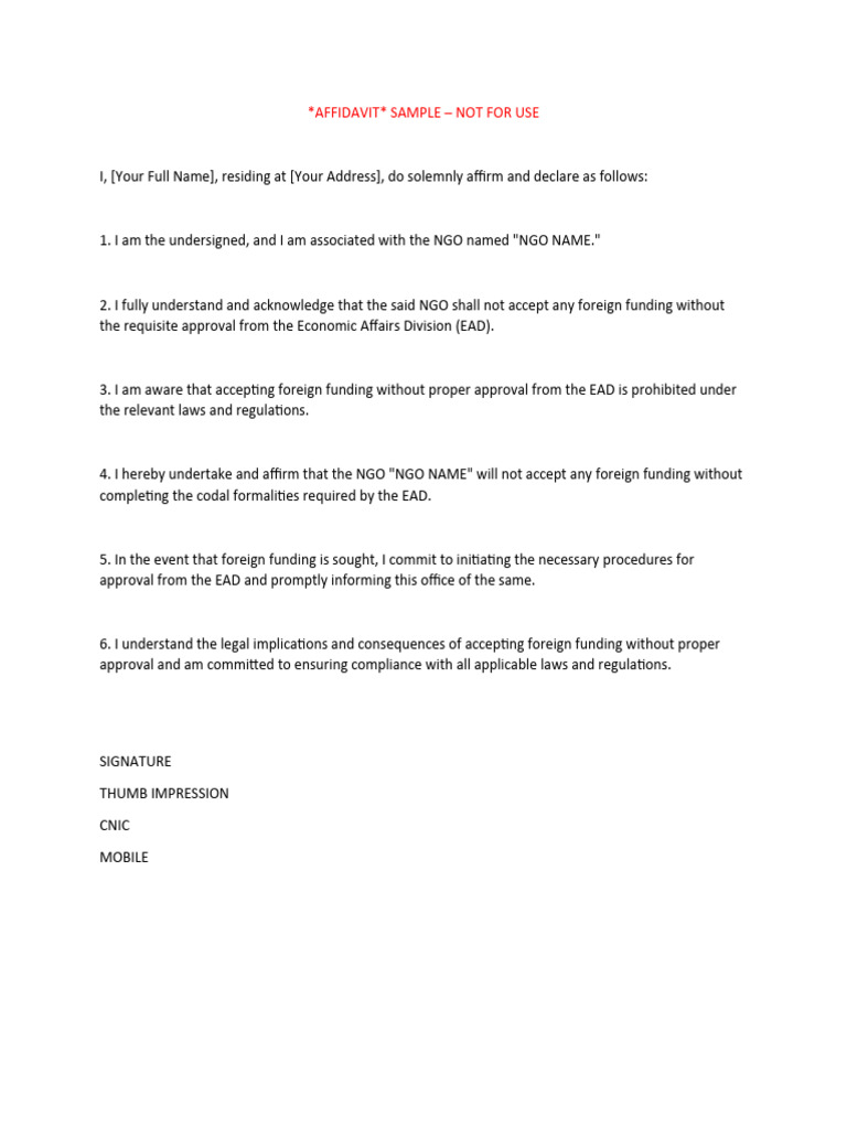 Affidavit Sample - Not For Use | PDF | Social Science | Law
