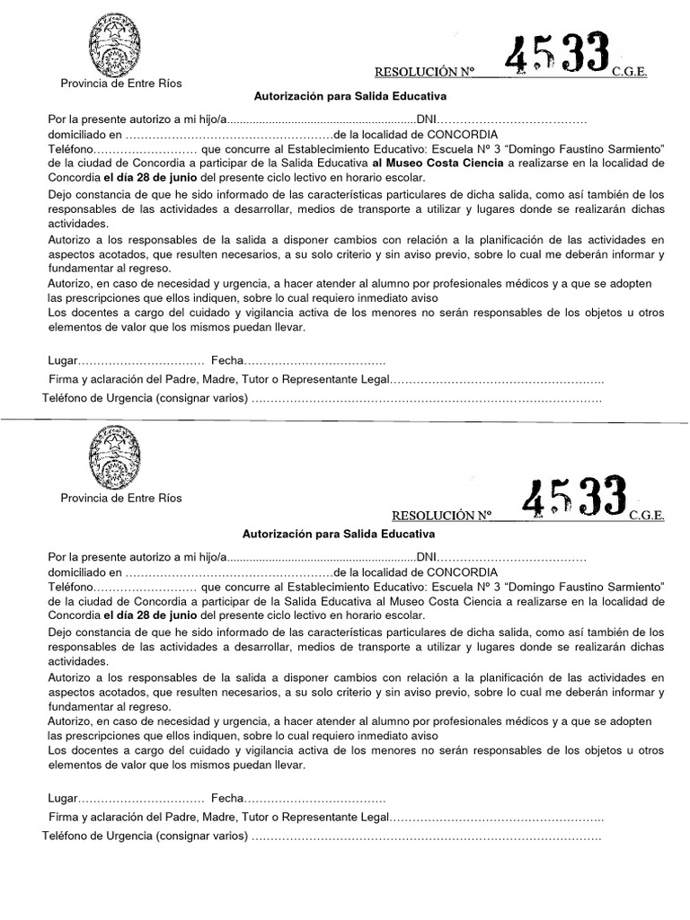 Autorización Paseos Res. 4533 | PDF