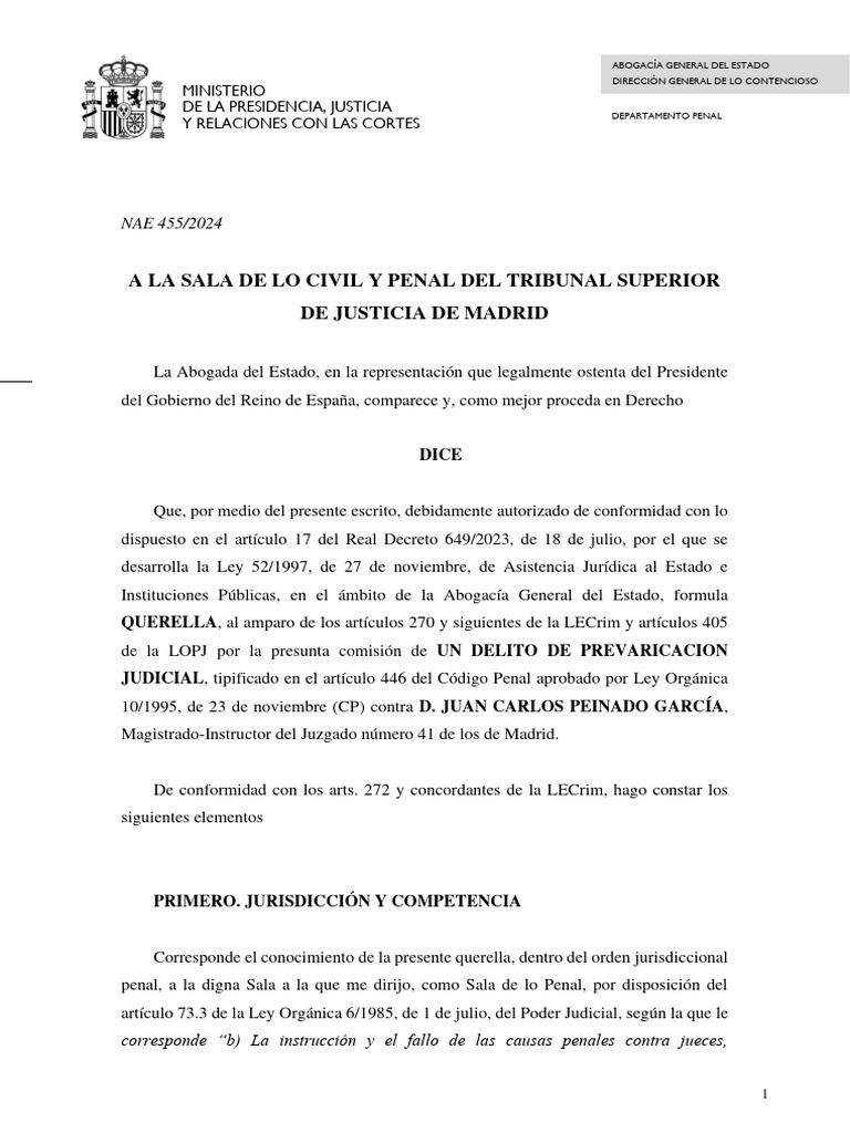 Querella de Pedro Sánchez Contra El Juez Peinado | PDF | Juez | Judicaturas