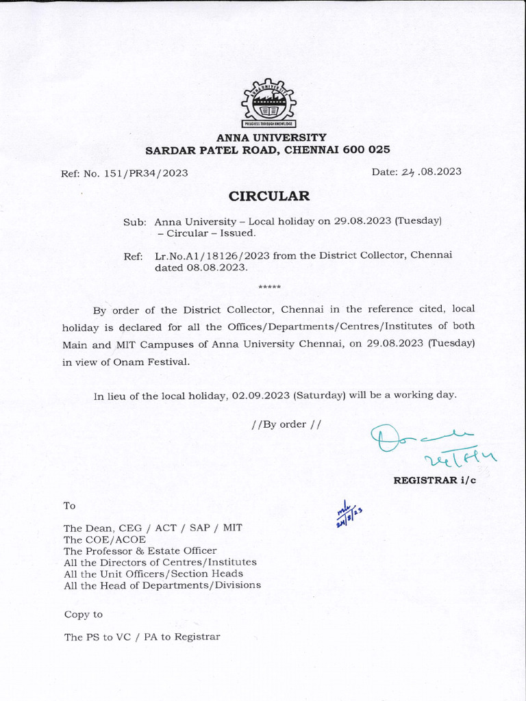 Onam Holiday Circular | PDF