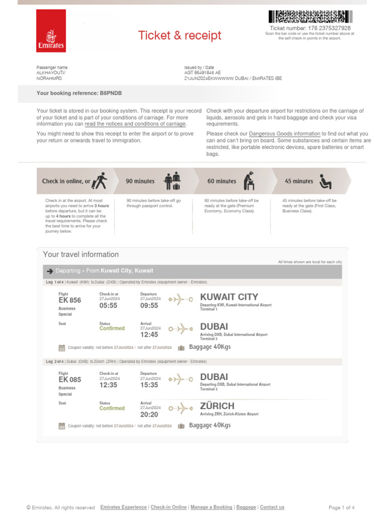 Emirates Ticket 2 | PDF | Baggage | Aviation