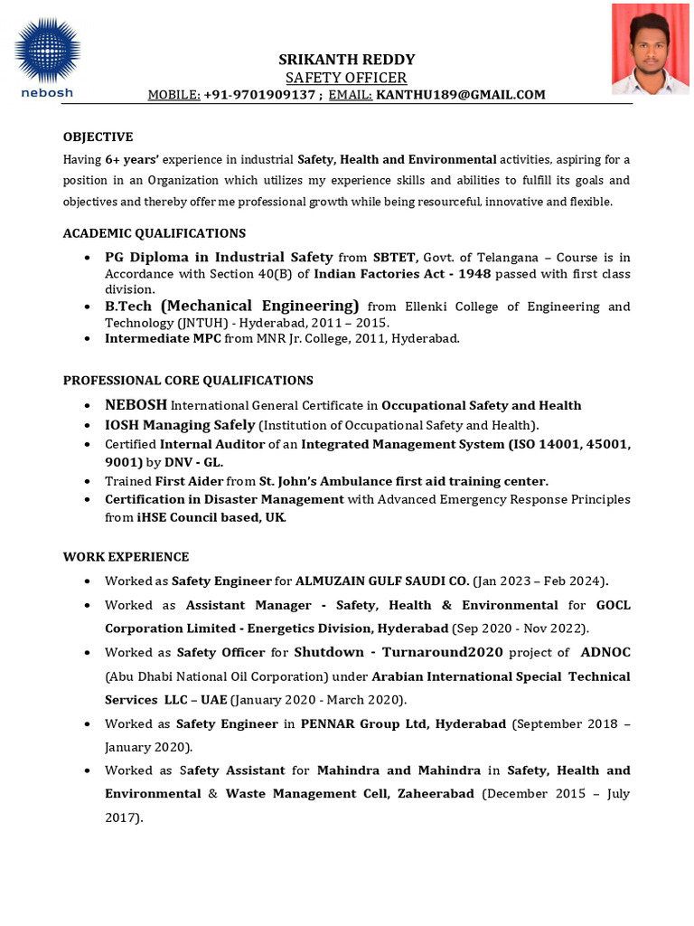 CV - Srikanth Reddy - Safety | PDF | Occupational Safety And Health ...