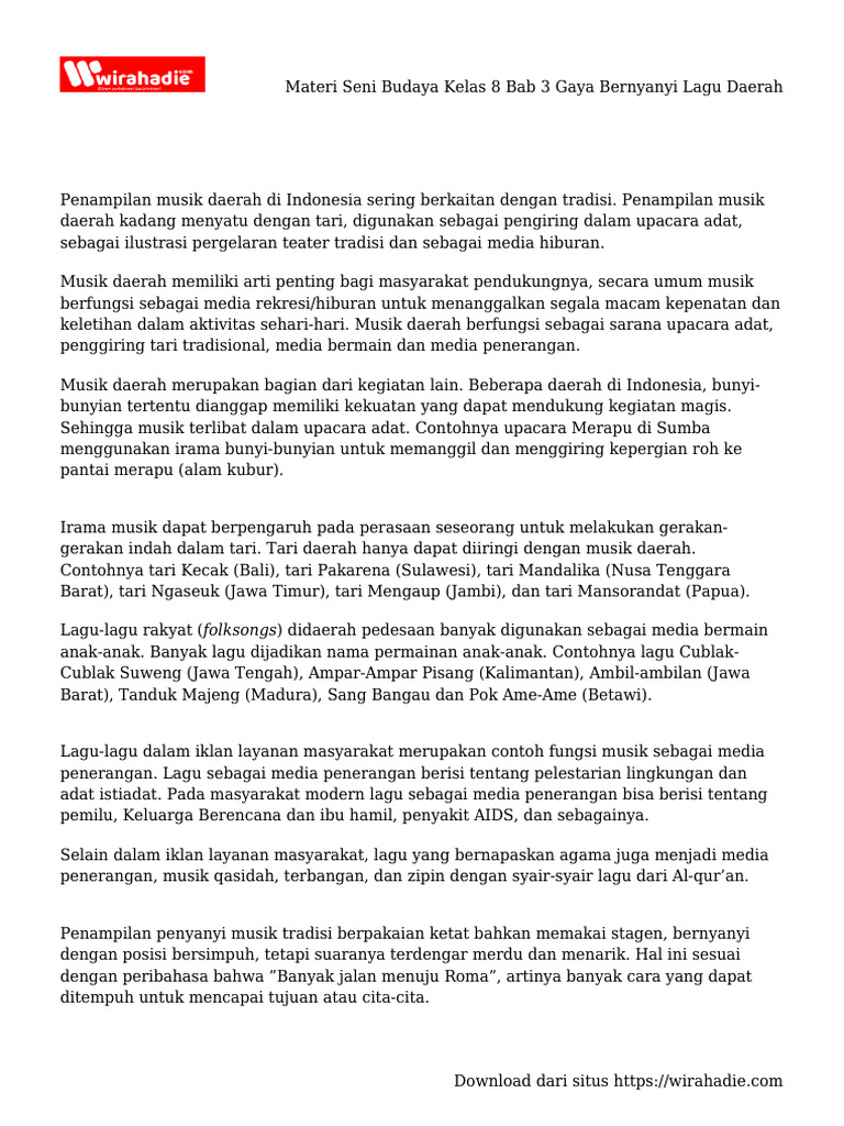 Materi Seni Budaya Kelas 8 Bab 3 Gaya Bernyanyi Lagu Daerah | PDF