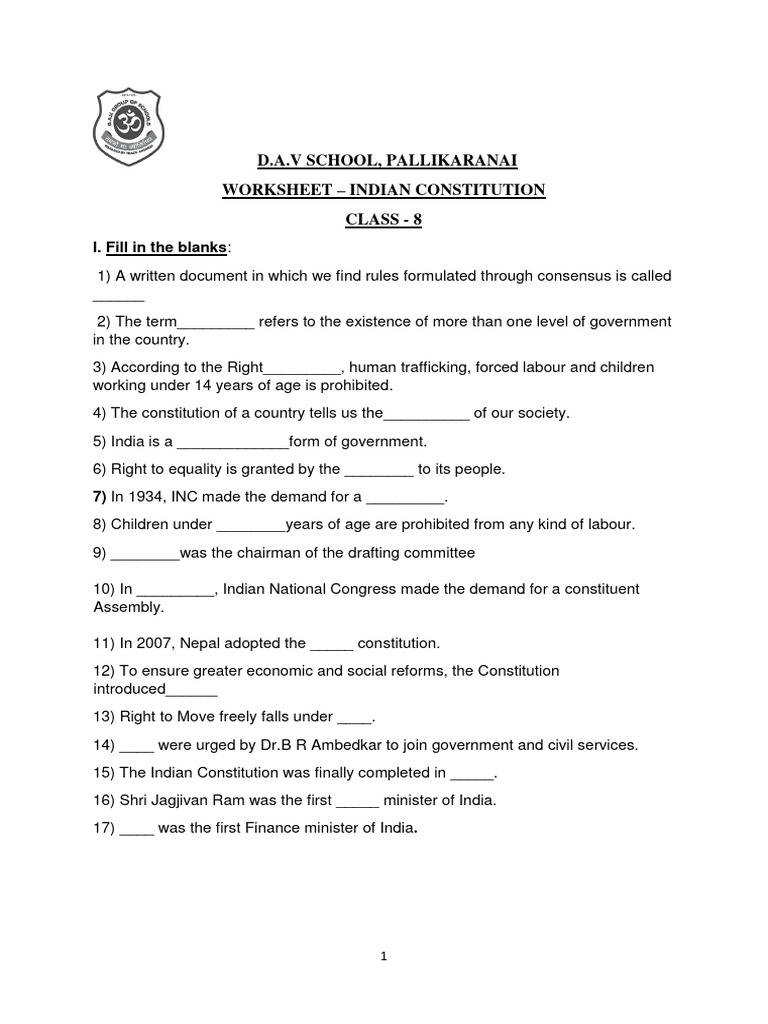 Indian Constitution - Worksheet Class 8 | PDF | Constitution | Government