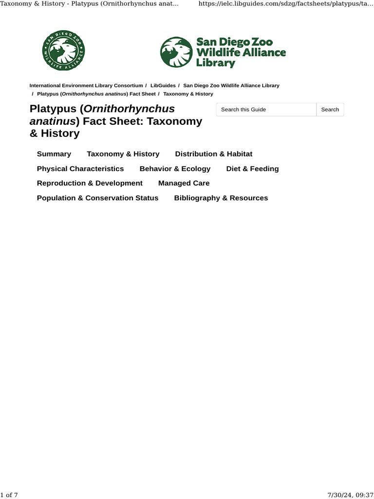 Taxonomy & History - Platypus (Ornithorhynchus Anatinus) Fact Sheet - LibGuides at International ...