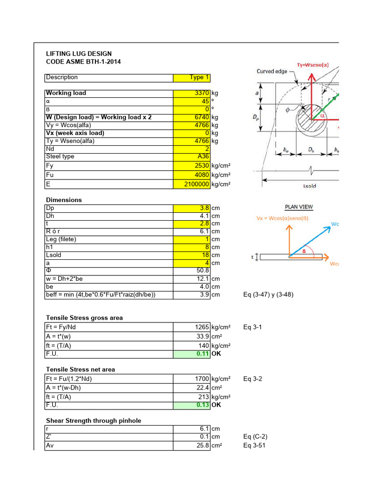 Lifting Lug - ASME - RevA2xls | PDF | Bending | Mechanics