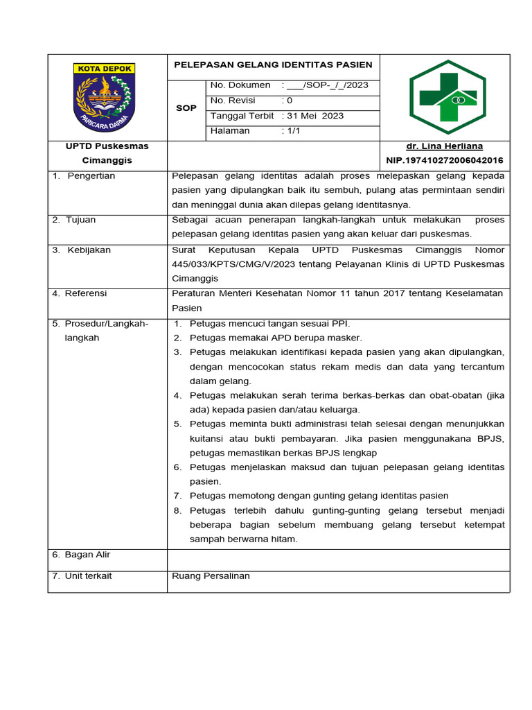 Sop 59 Pelepasan Gelang Identitas Pasien | PDF | Pengembangan Diri | Kesehatan Holistik