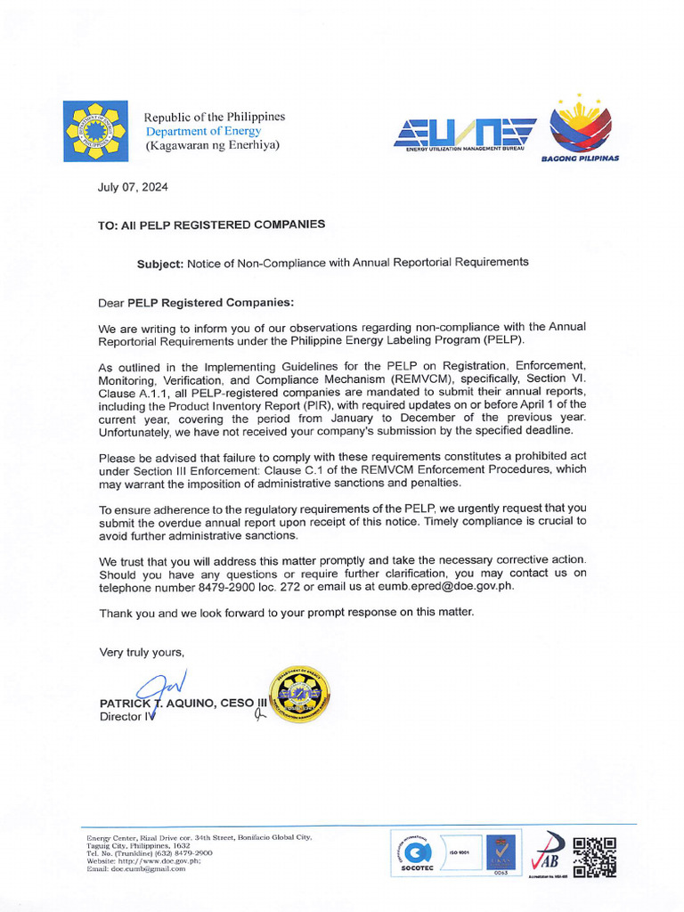 Signed Letter To All PELP Registered Companies | PDF