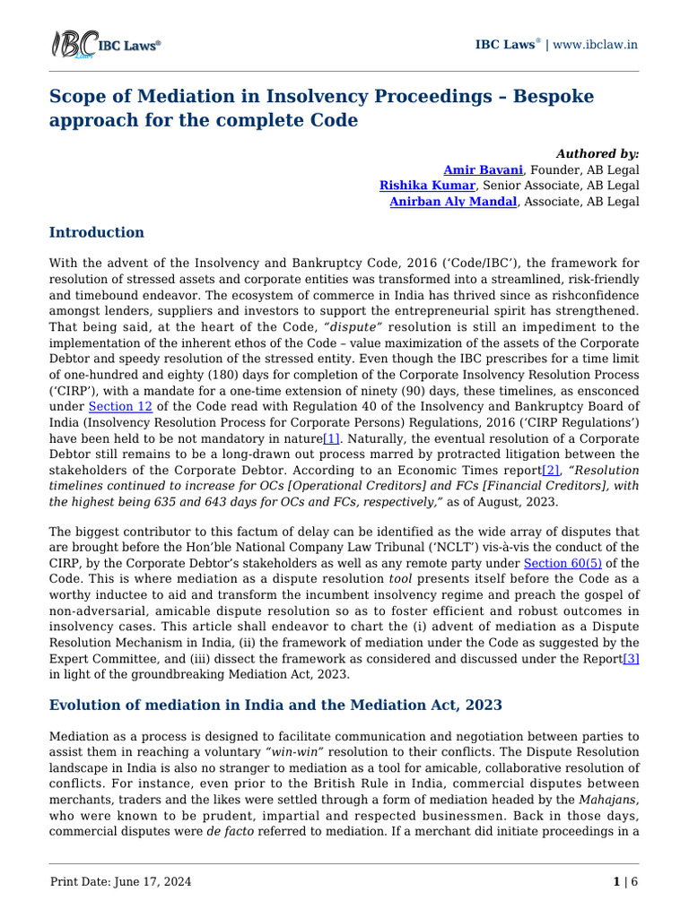 Scope of Mediation in Insolvency Proceedings Bespoke Approach For The Complete Code by Amir ...