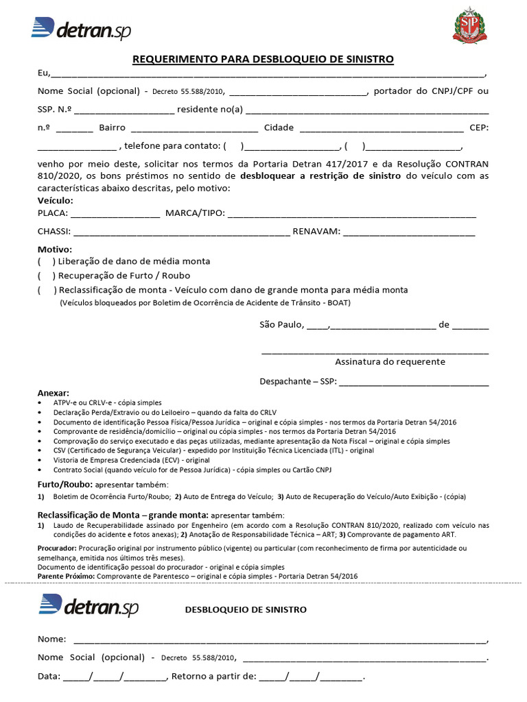 Requerimento Desbloqueio de Sinistro Detran SP | PDF