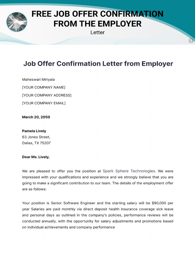 Job Offer Confirmation Letter From Employer Template - Edit Online ...