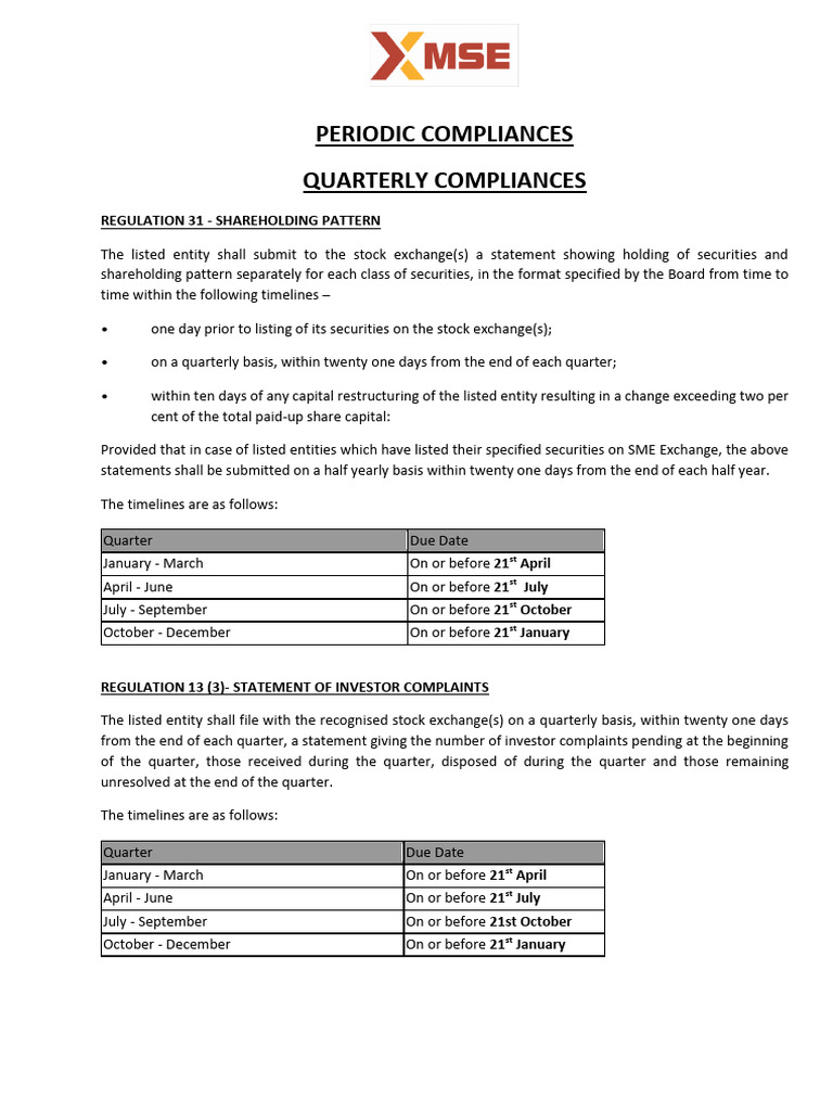 MSE Compliance Calender | PDF | Auditor's Report | Takeover