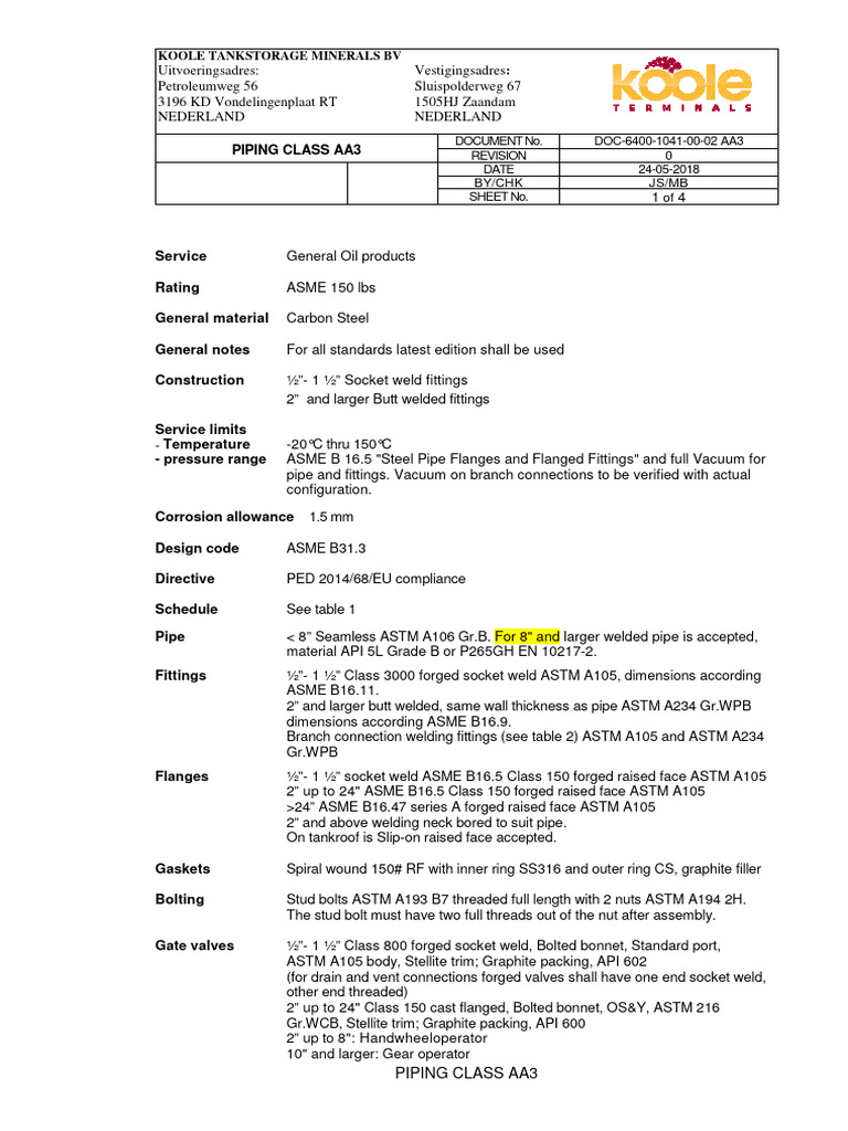 Koole Tankstorage Piping Class AA3 | PDF | Pipe (Fluid Conveyance ...