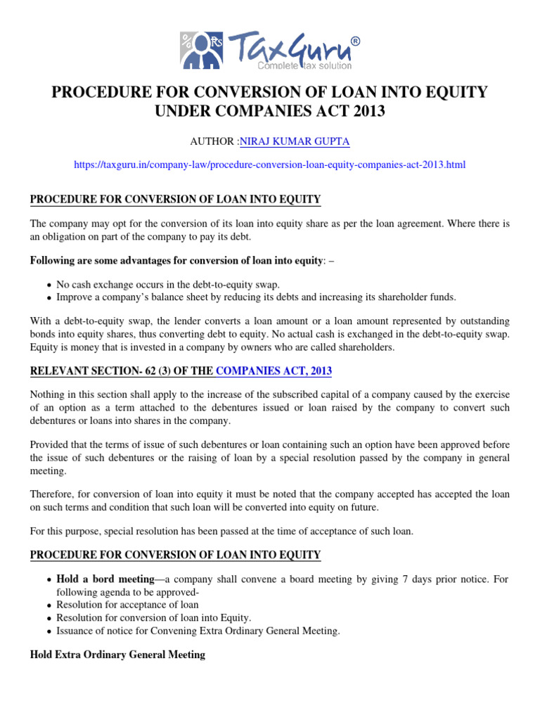 Procedure For Conversion of Loan Into Equity Under Companies Act 2013 ...