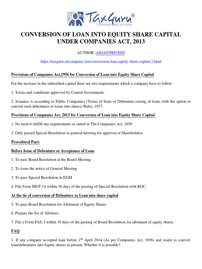 Conversion of Loan Into Equity Share Capital Under Companies Act, 2013 ...