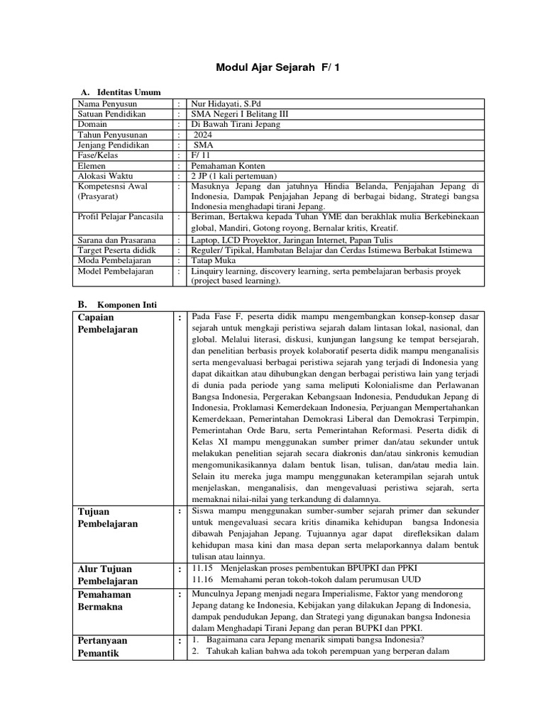 Modul Ajar Sejarah Kelas XI Pertemuan Ke-6 BPUPKI Dan PPKI | PDF