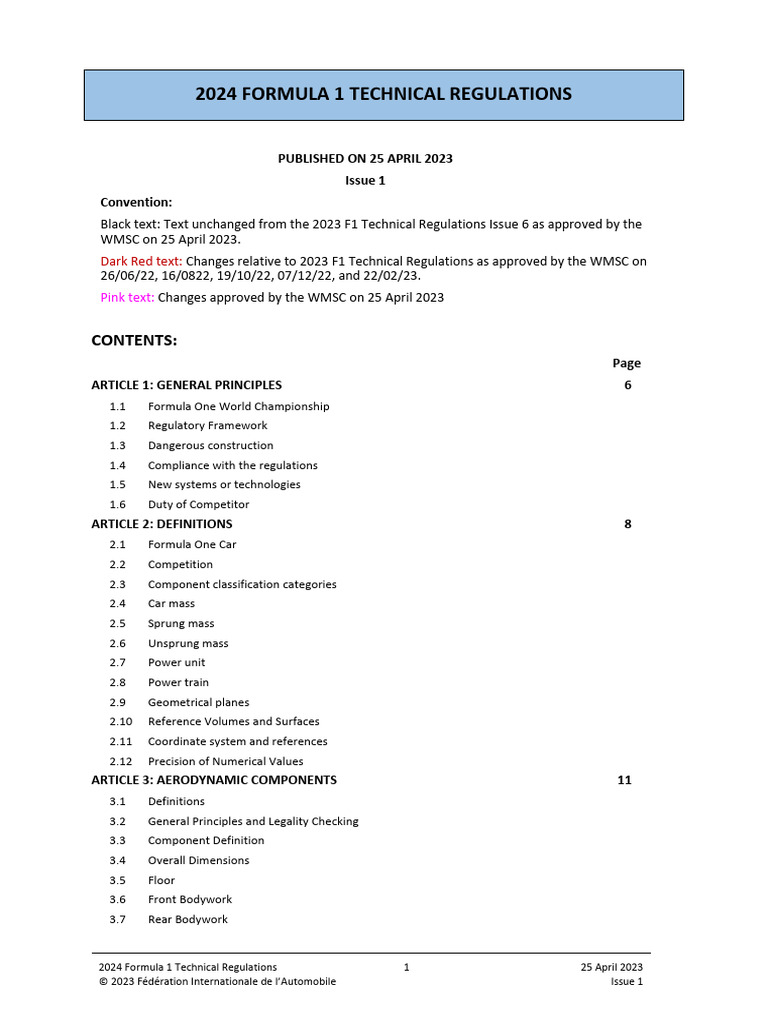 Fia 2024 Formula 1 Technical Regulations - Issue 1 - 2023-04-25 | PDF ...