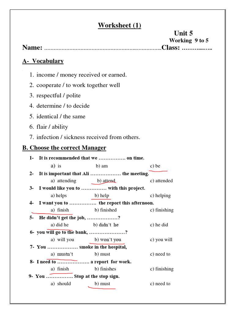 Worksheet (1) Unit 5 Name: Class:: A-Vocabulary | PDF