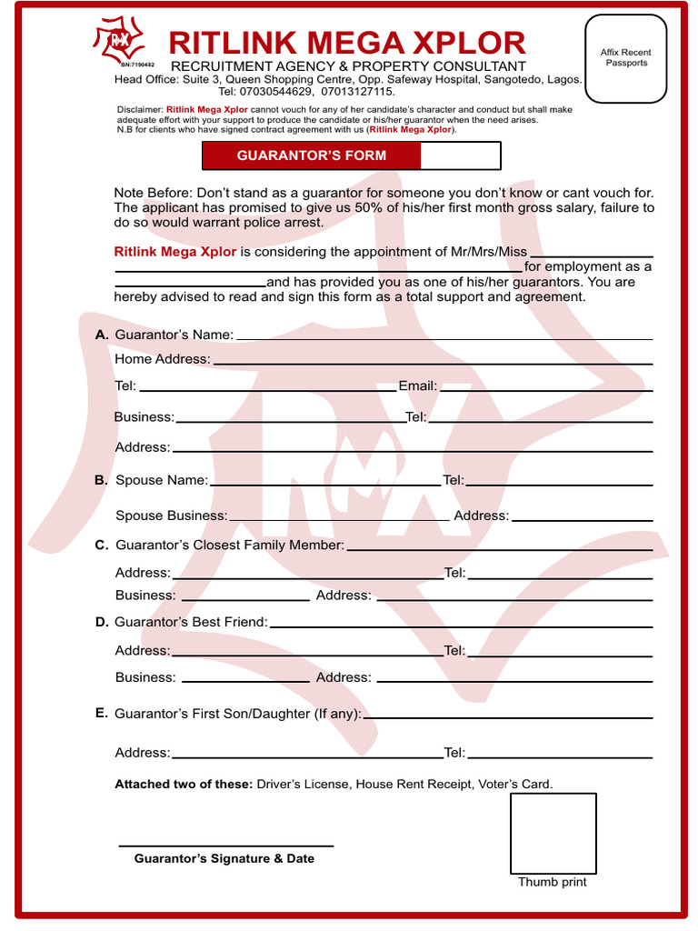 Guarantor Form for Employment Verification | PDF