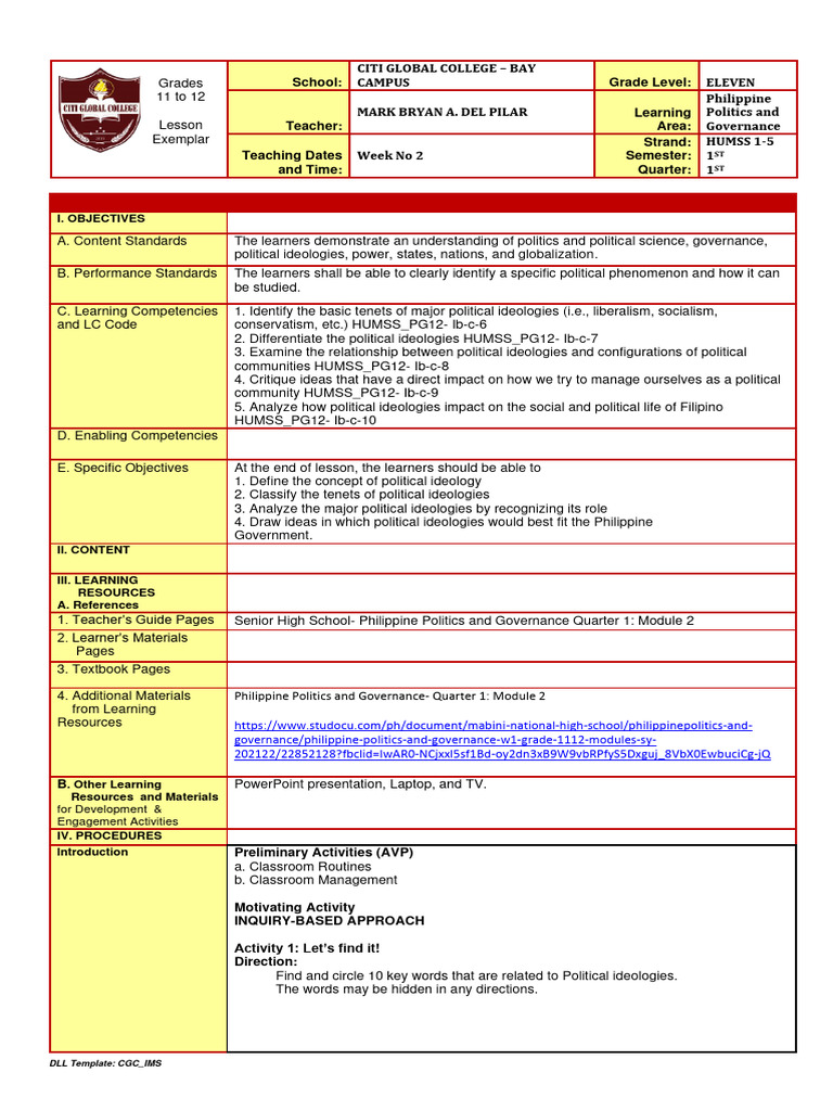 Lesson-Exemplar-Ppg Week 2 - Humss | PDF | Ideologies | Socialism