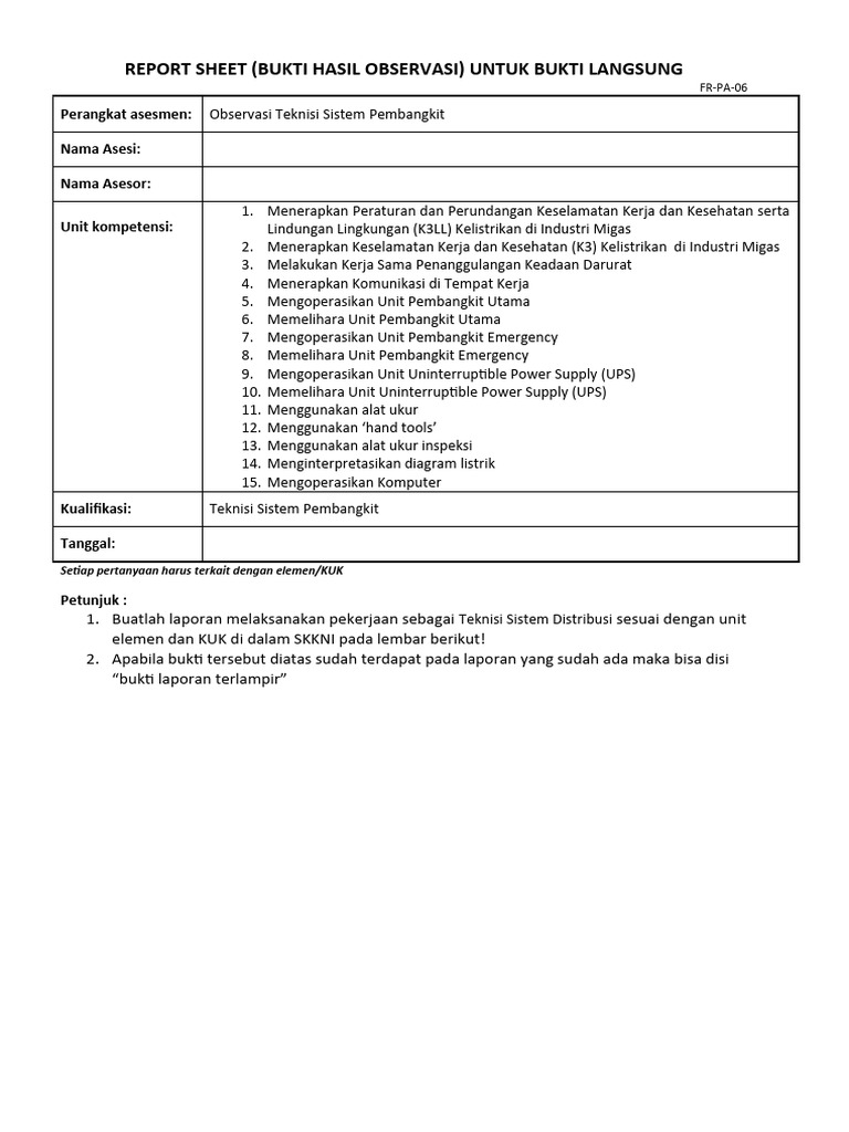 Reportsheet Listrik - Pembangkit | PDF