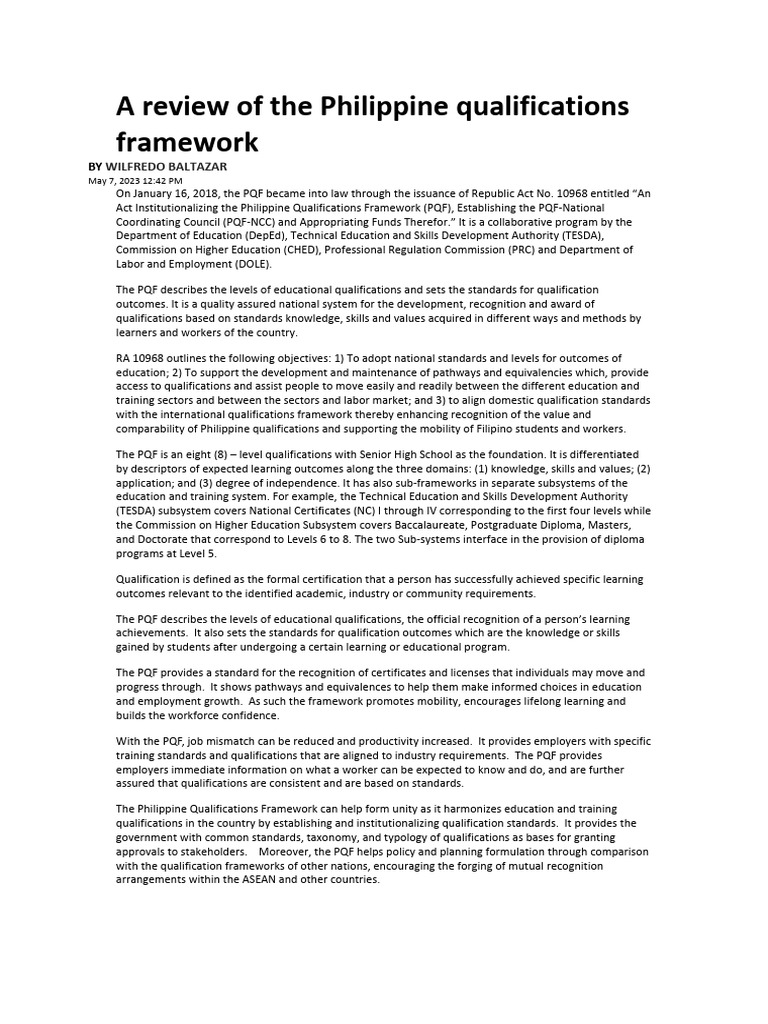 A Review of The Philippine Qualifications Framework | PDF | Vocational Education | Diploma