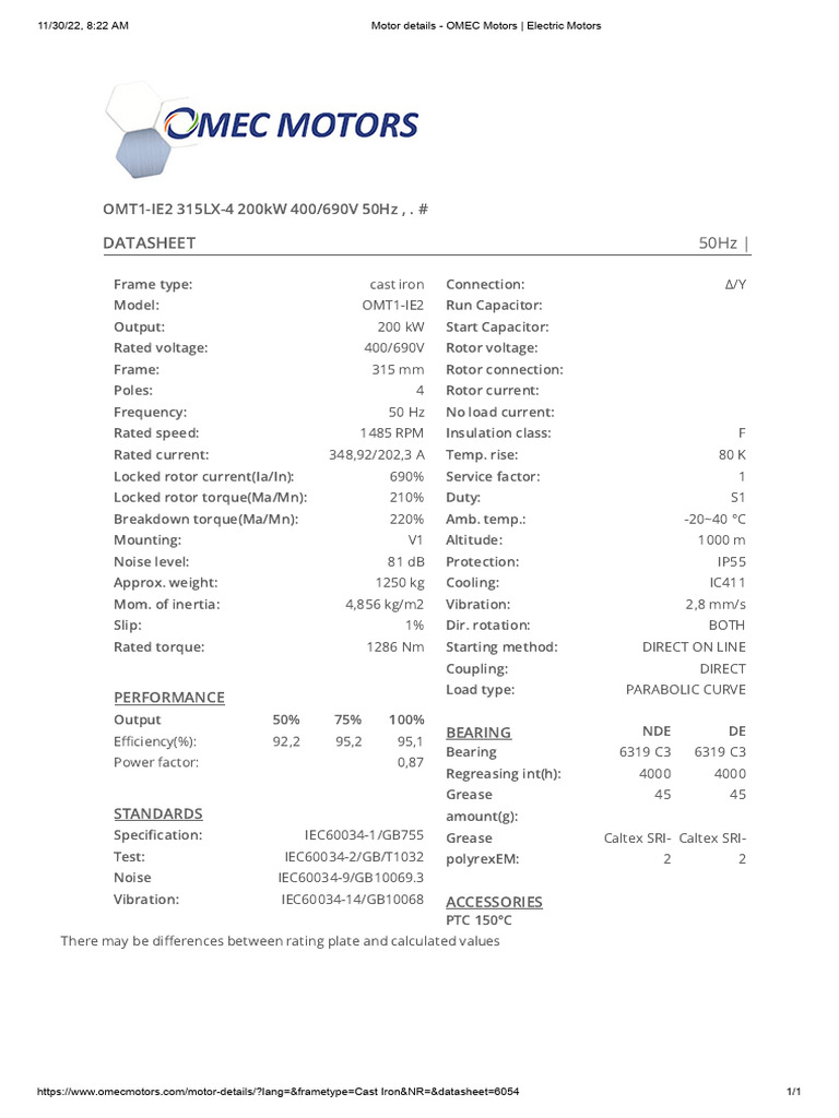 OMEC OMT1-IE2 Motor Specifications | PDF | Electric Motor | Electric Power