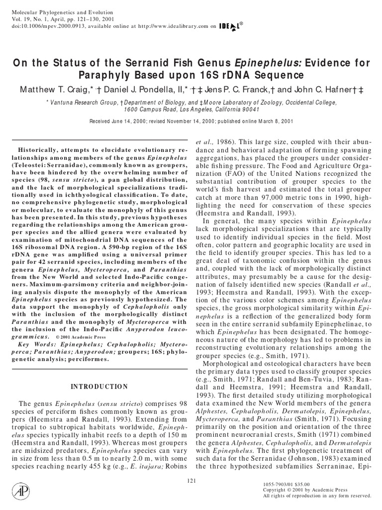 On The Status of The Serranid Fish Genus Epinephelus - Evidence ...
