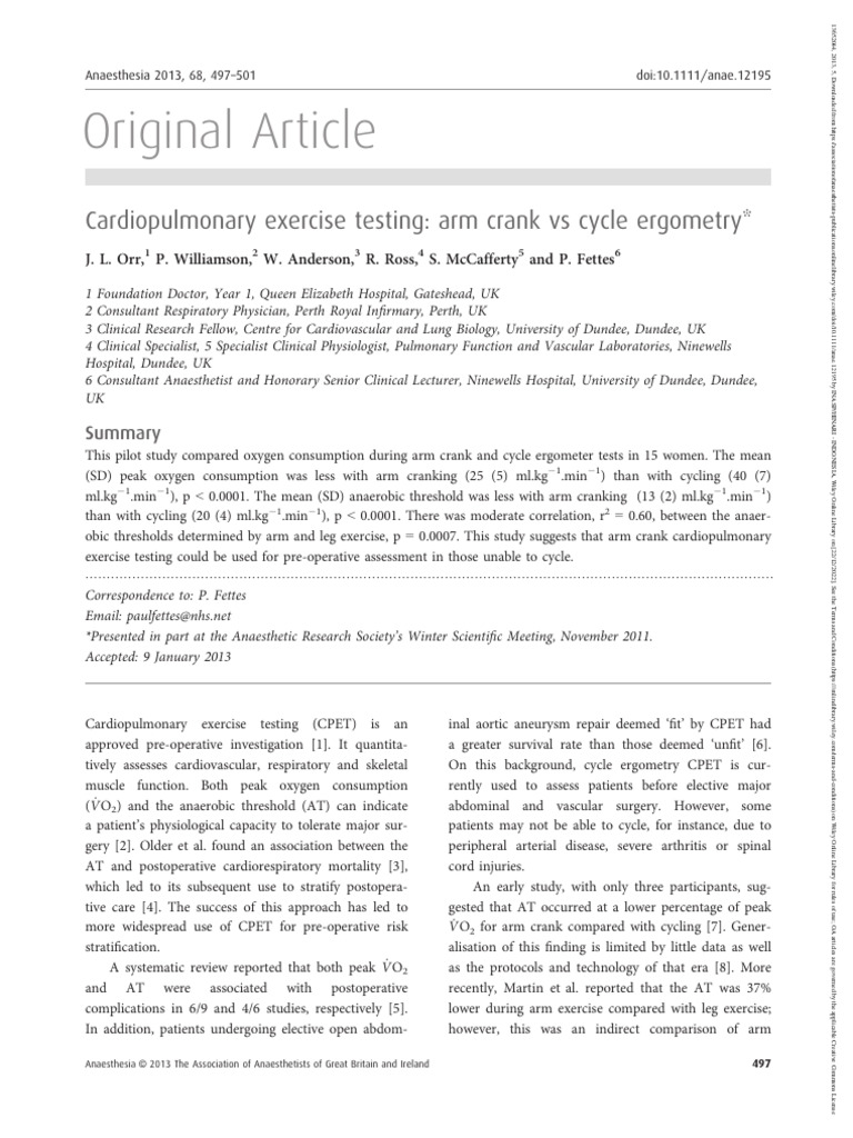 Anaesthesia 2013 Orr Cardiopulmonary Exercise Testing Arm Crank