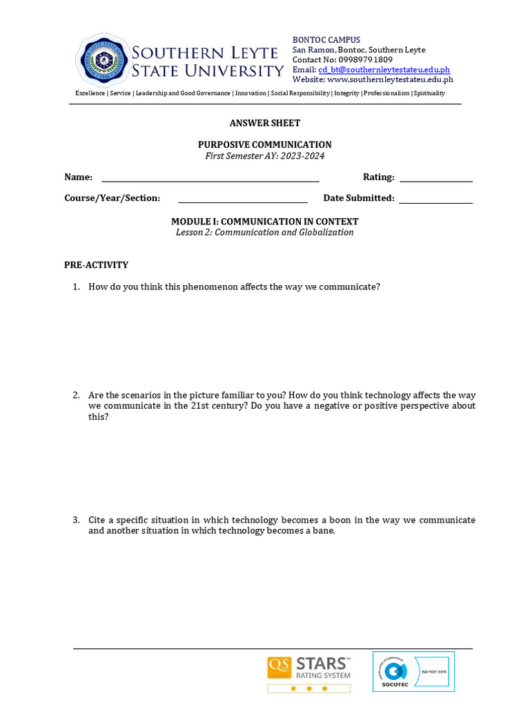 Answer Sheet Module1 - Lesson 2 | PDF | Communication | Learning