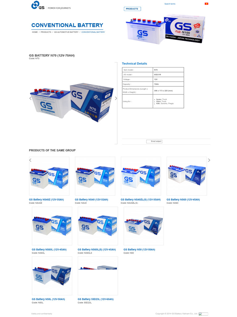GS Battery N70 (12V-70Ah) - Công Ty TNHH Ắc Quy GS Việt Nam | PDF ...