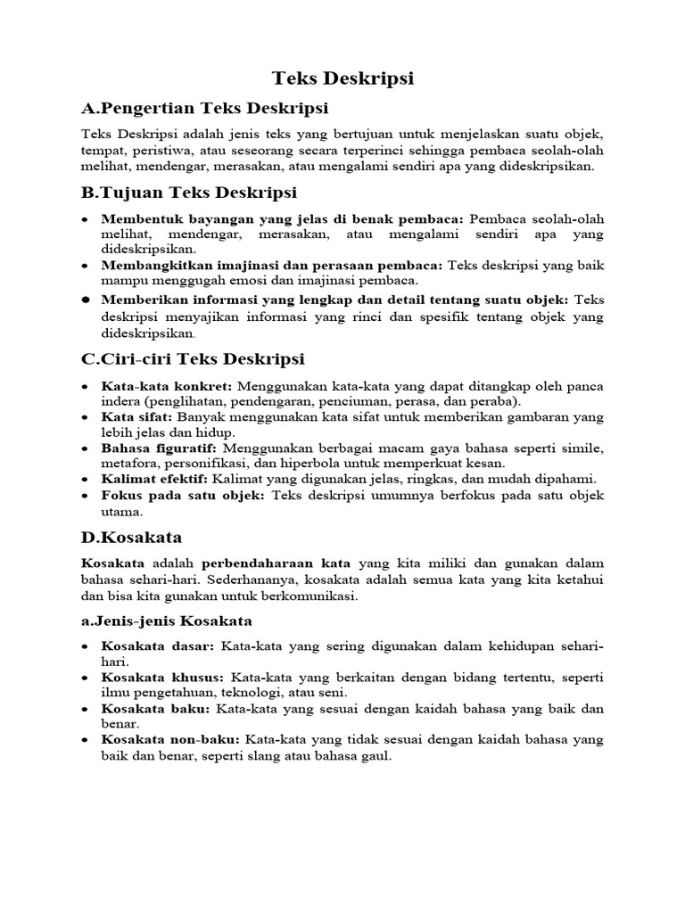Ciri dan Struktur Teks Deskripsi | PDF | Seni & Disiplin Bahasa ...