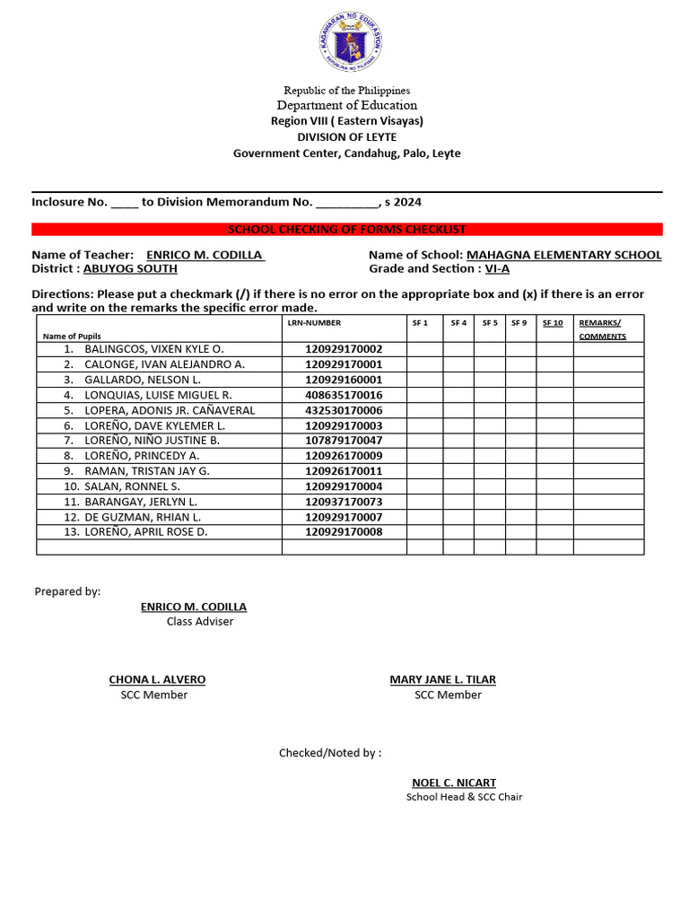 School Forms Error Checklist | PDF
